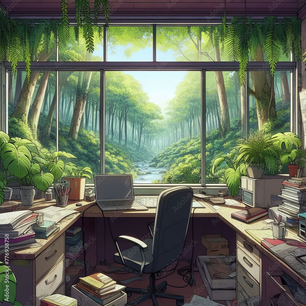A lofi anime style illustration of an empty interior. The room is ...
