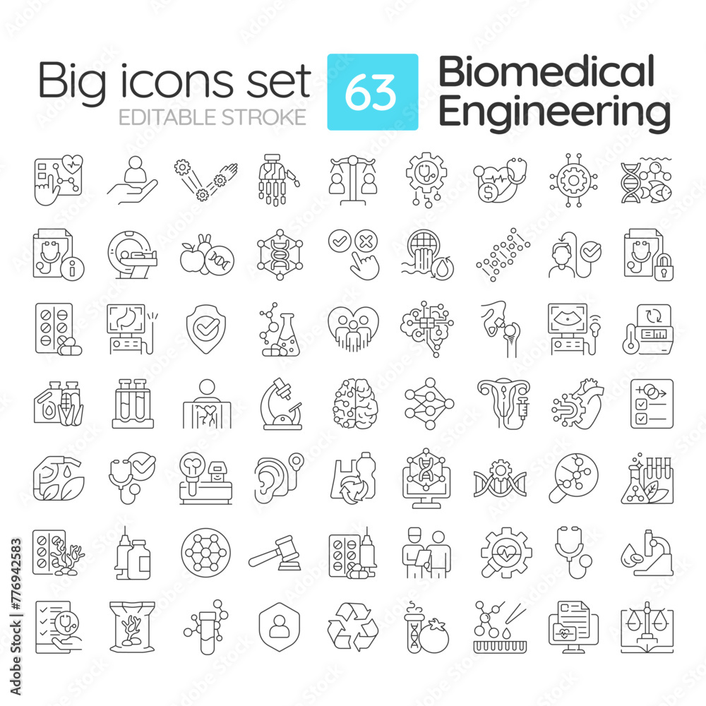 Biomedical engineering linear icons set. Biotechnology in healthcare ...