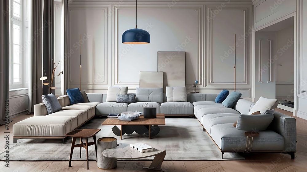 Modern living room setup with classic parquet floor Furnished with ...