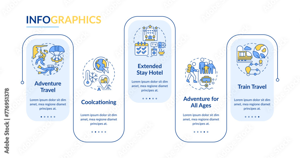 Trends in traveling blue rectangle infographic template. Data ...