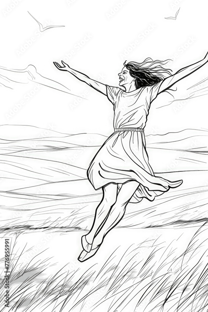 A drawing of mature woman jumping energetically in mid-air, arms ...