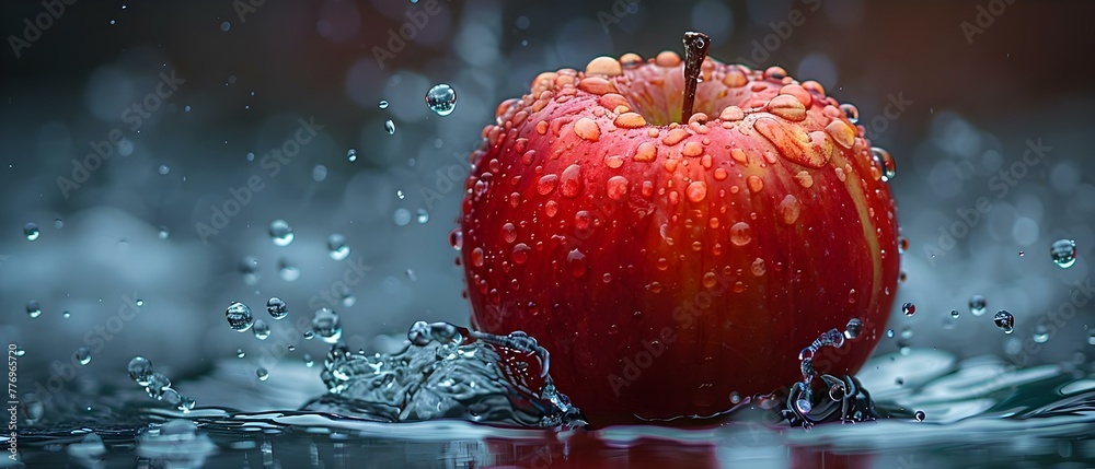 An apple dropped into water causing a splash in every direction ...
