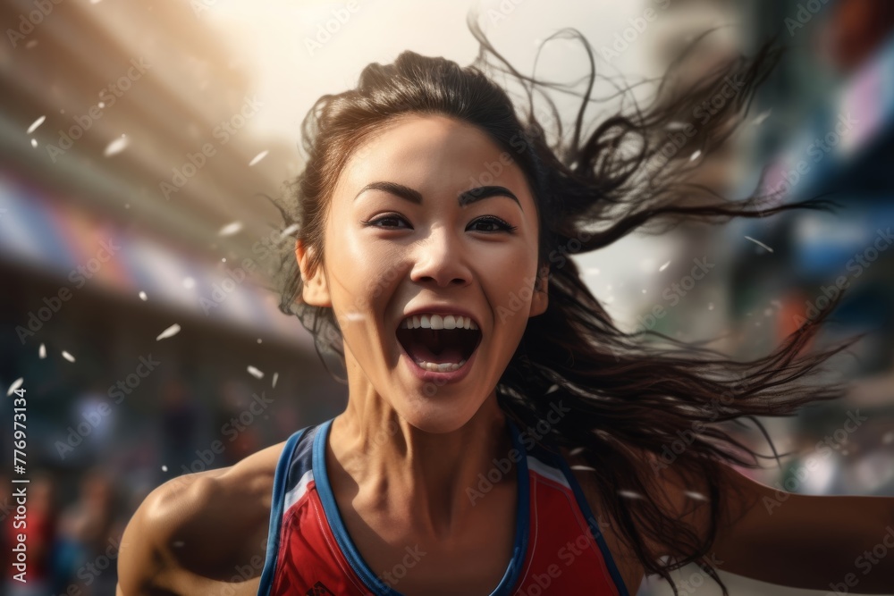 Marathon champion, A happy and determined female athlete triumphantly ...