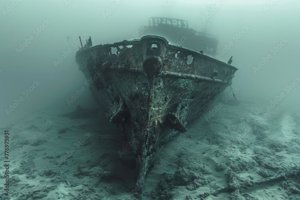 Sunken ship on the seabed, capturing its weathered structure and the ...