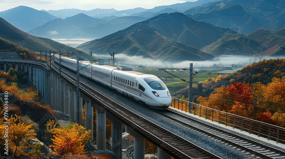 Elevated high speed rail train passing through hills. Generative AI ...