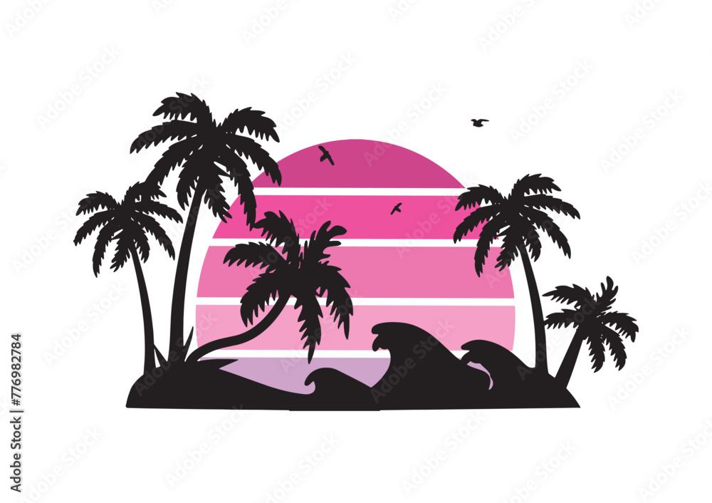 Vetor do Stock: silhouette of wave and palm trees vector, pink sunset ...