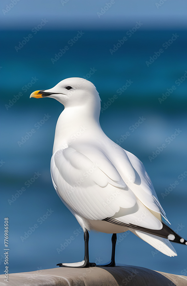 Portrait of a seagull on the background of the seashore. A close-up ...