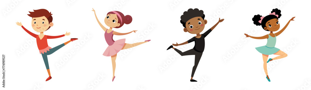 Young Dancers practicing Ballet, graceful vector cartoon illustration ...
