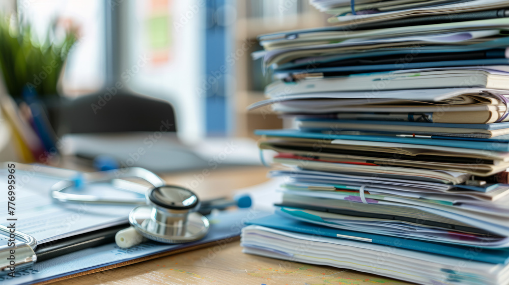 A doctor's desk with organized piles of medical records and a ...