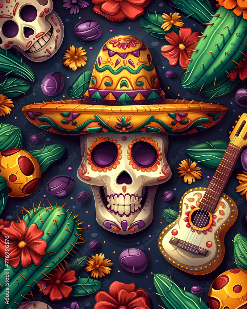 Traditional Mexican symbols: chili, sugar skull, taco and others ...