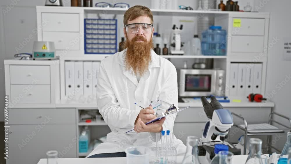 Handsome redhead male scientist working with a smile, young man ...
