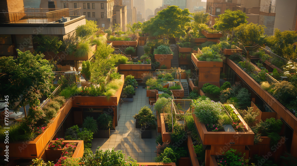 Illustration Rooftop garden design Corridors and stairs with views ...