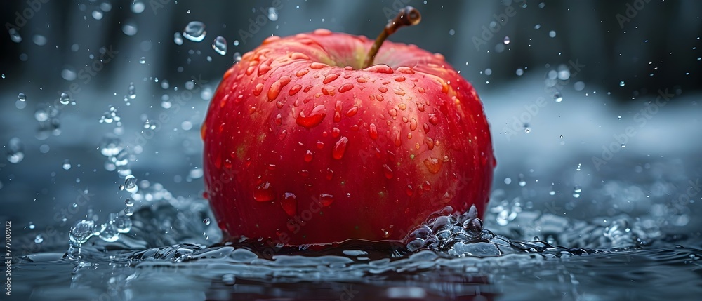 Apple splashing water in all directions after falling into it. Concept ...