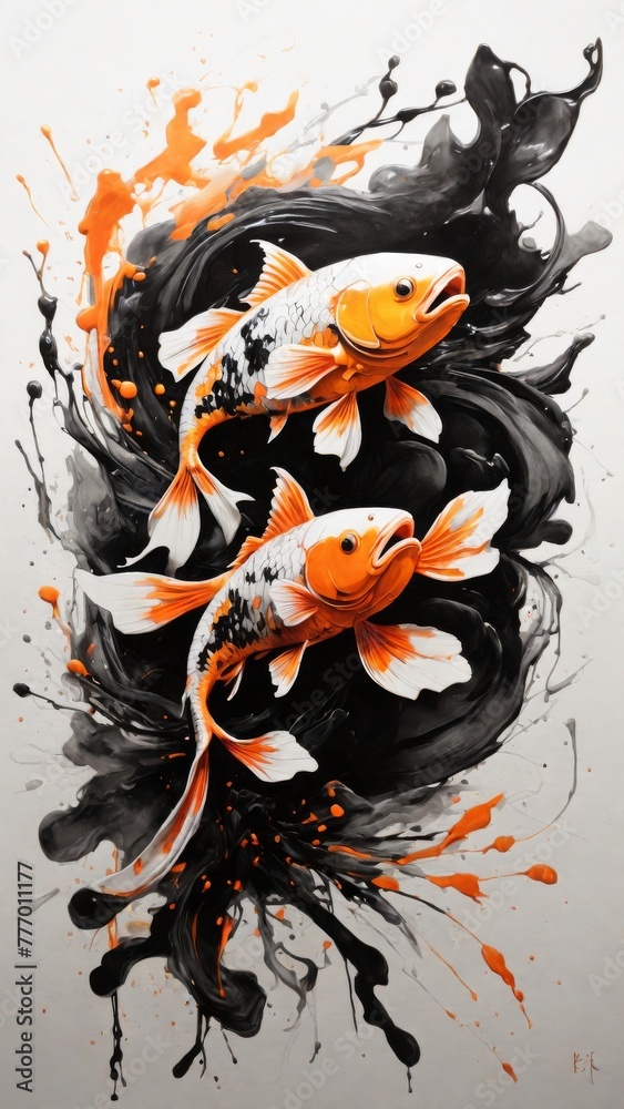 Imagine a single "K" fish depicted in calligraphy style, accentuated ...