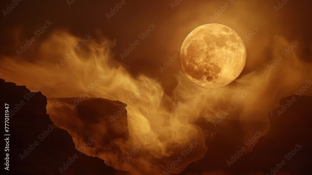 Swirls of mist dance around the glowing moon highlighting the jagged ...