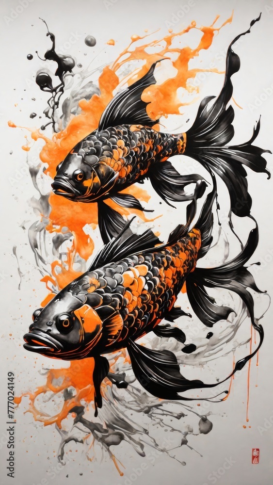 Imagine a single "K" fish depicted in calligraphy style, accentuated ...