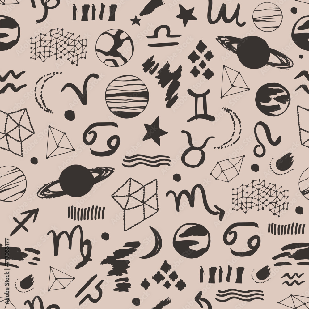 Seamless pattern. Signs of the zodiac, phases of the moon, sun and moon ...