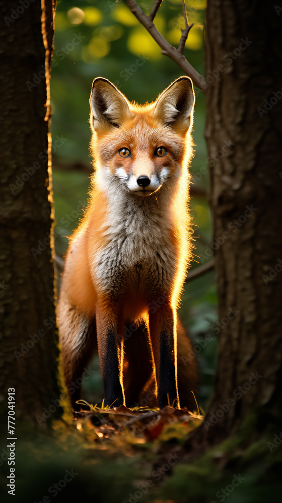 Enchanting Red Fox Peeking Through Forest Trees. Curious red fox stands ...