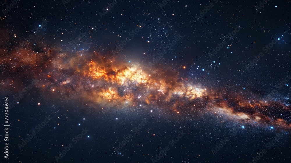 A long, orange and yellow line of stars in the sky. The stars are ...