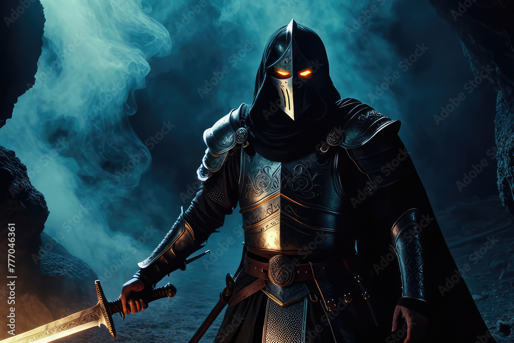 Gloomy ancient warrior with shining eyes. Scary knight ghost with sword ...