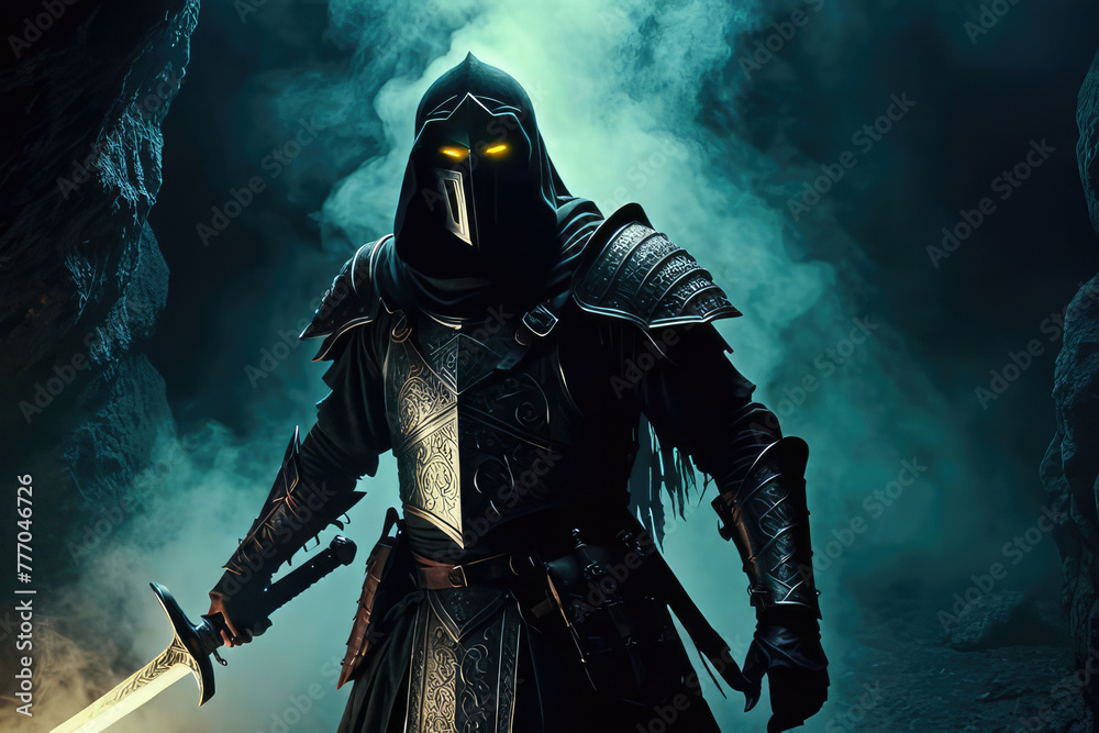 Gloomy ancient warrior with shining eyes. Scary knight ghost with sword ...