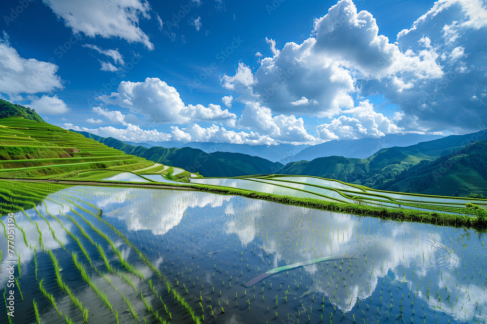Panoramic view of terraced rice paddies, with each level reflecting the ...