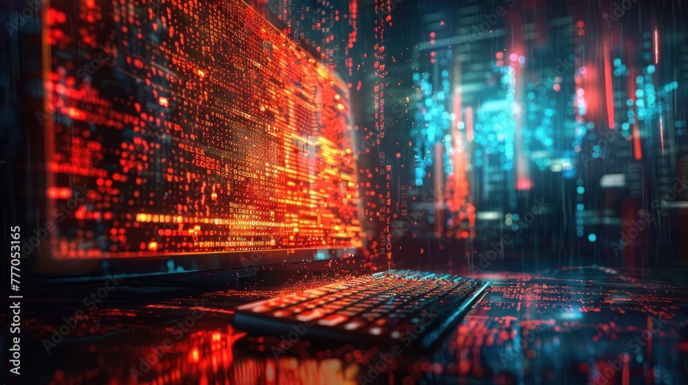 A holographic display of a computer screen with code overflowing from it. Holographic display of ...