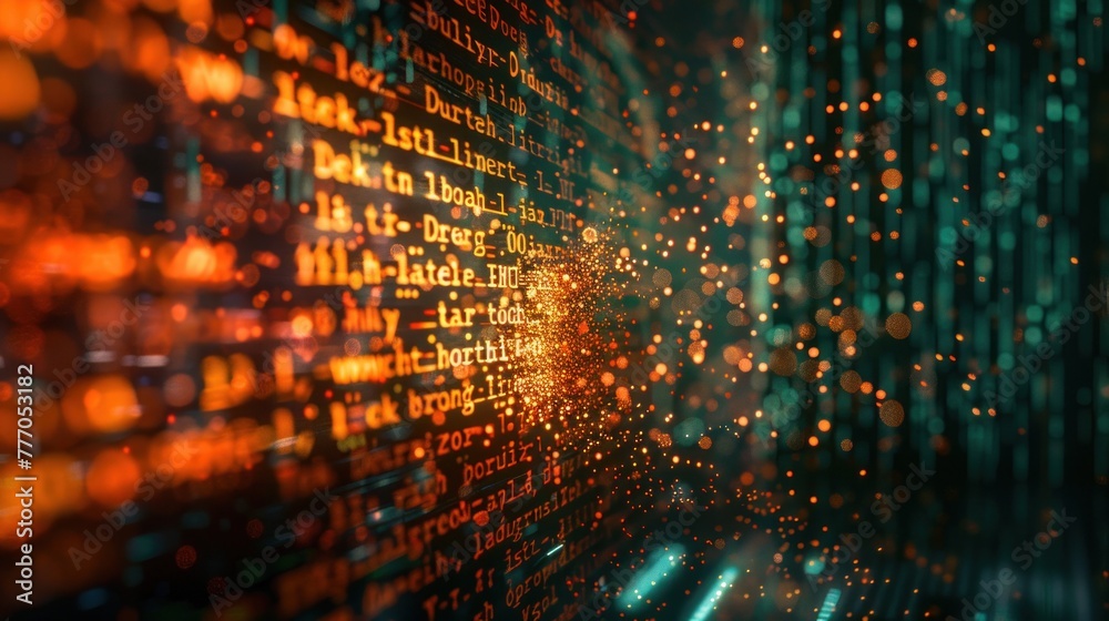 A holographic display of a computer screen with code overflowing from it. Holographic display of ...