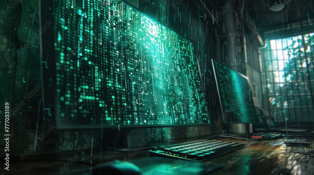 A holographic display of a computer screen with code overflowing from it. Holographic display of ...