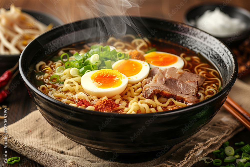 Steaming Bowl of Ramen with Egg and Pork. A steaming bowl of ramen ...