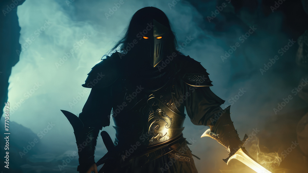 Gloomy ancient warrior with shining eyes. Scary knight ghost with sword ...