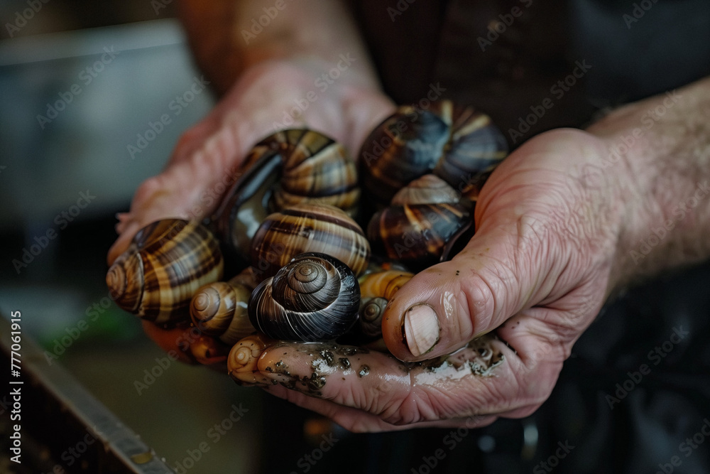 Chef visiting a gourmet snail farm, selecting the finest specimens for ...