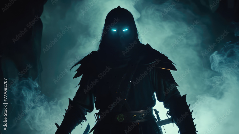 Gloomy ancient warrior with shining eyes. Scary knight ghost with sword ...