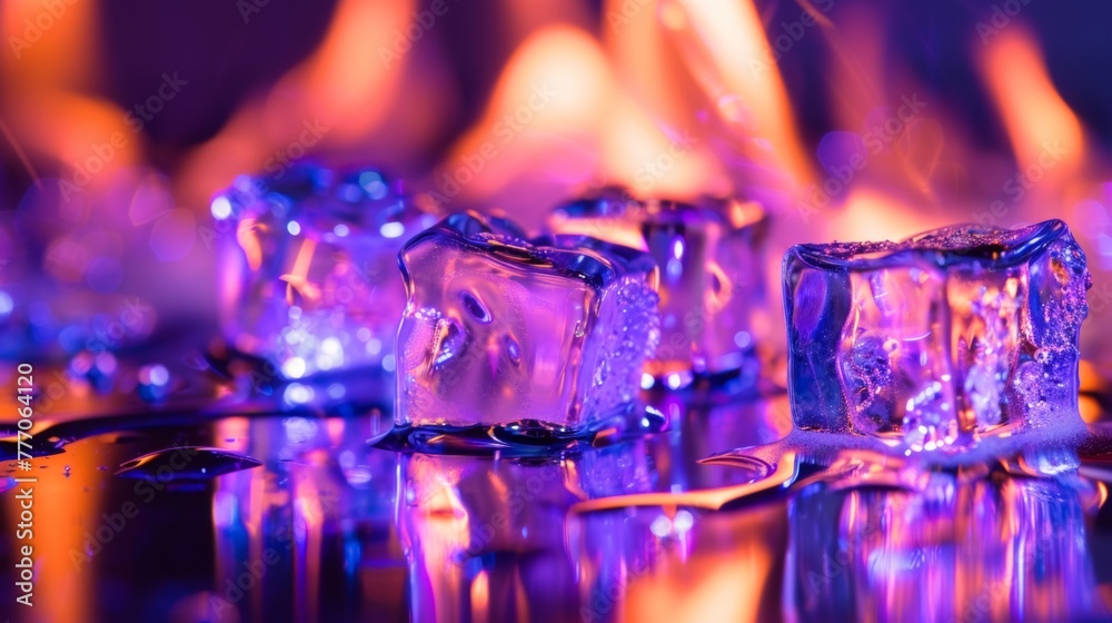 Melting ice cubes contrasted against a warm fiery background ...