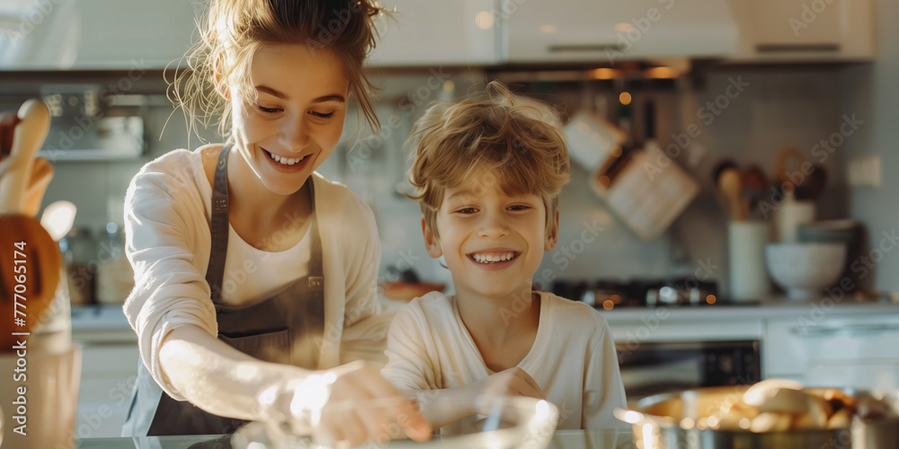 Cute ten years old boy helping his mother to cook food in kitchen. Mom ...