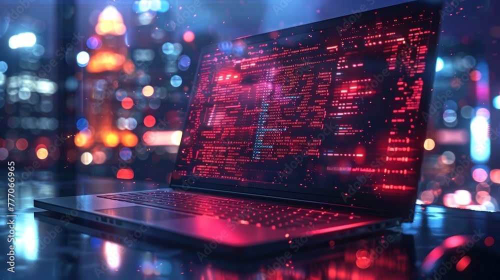 A holographic display of a computer screen with code overflowing from it. Holographic display of ...