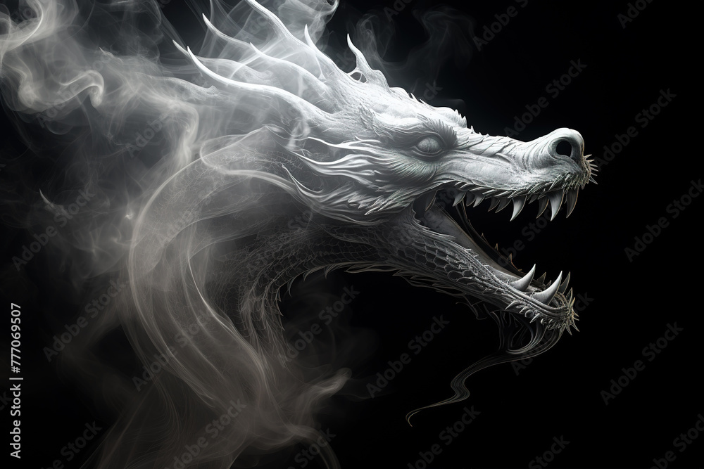 Abstract of dragon head have smoke and fog on black background ...