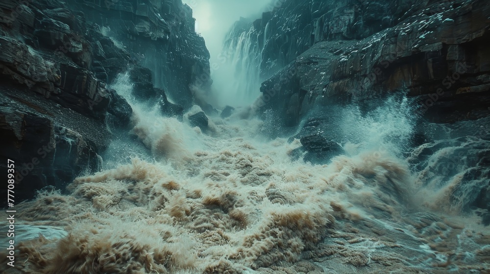 A large waterfall is crashing into a river, creating a powerful and ...