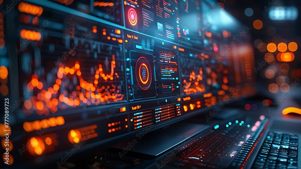 A computer monitor displays an advanced network dashboard, where neon ...