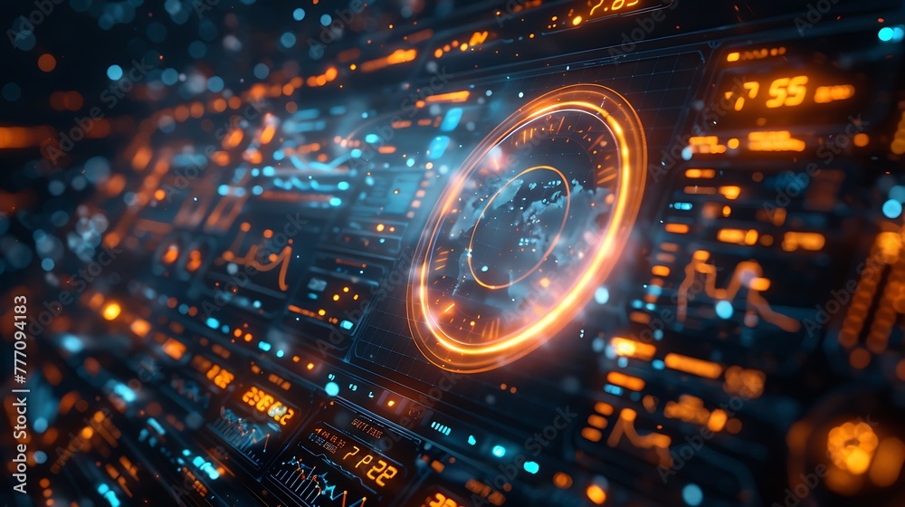 An immersive network monitoring interface on a computer screen, visualizing data as streams of ...