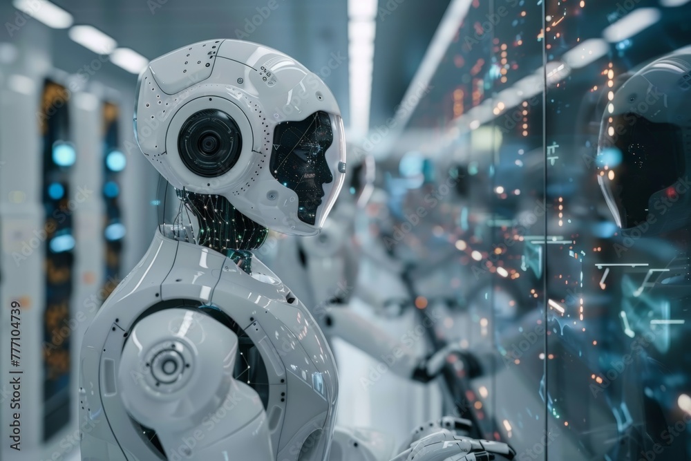 Cybernetic figure examines its reflection, a mesh of circuits visible ...