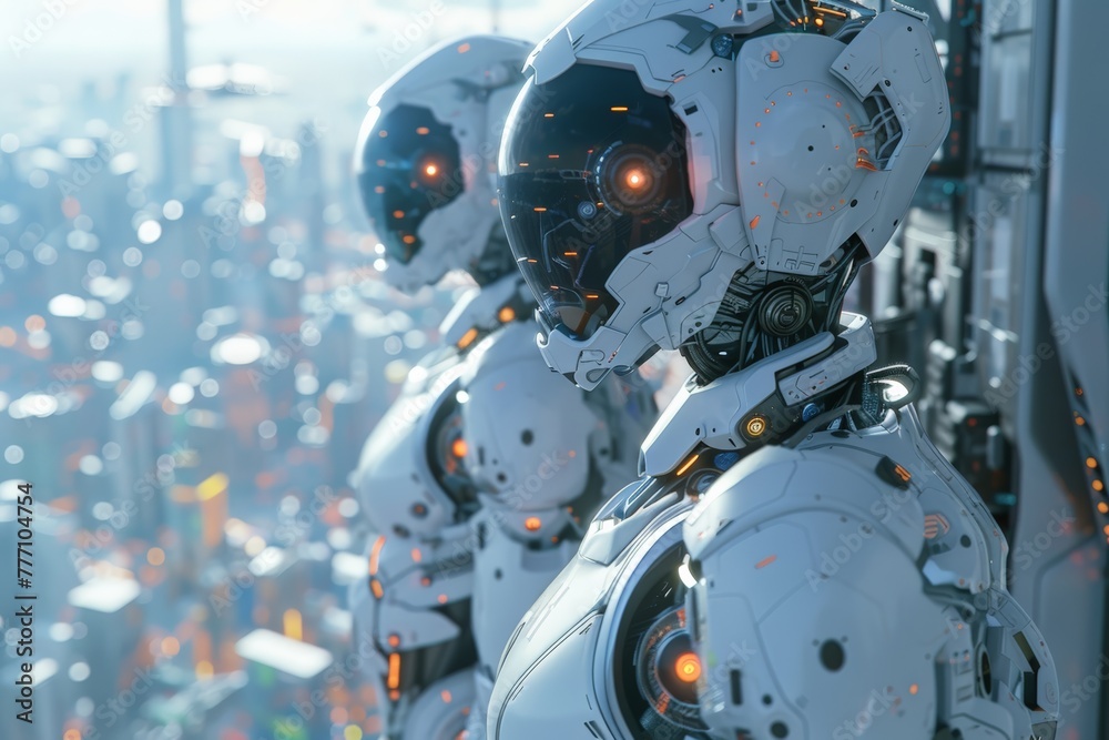 Autonomous sentinels stand guard, overlooking a futuristic metropolis ...