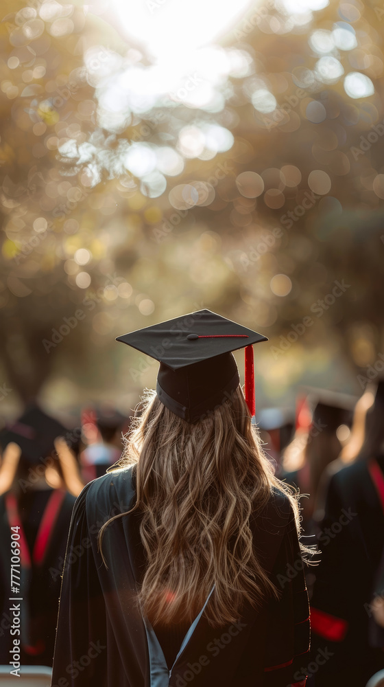 Sunlit profile of a graduate with a black cap and red tassel, a symbol ...