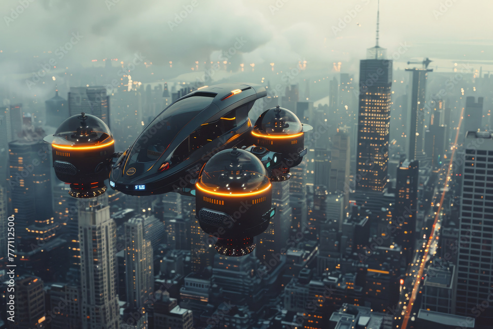 Modern future flying taxi. Unmanned aerial vehicle. Aero taxi over ...