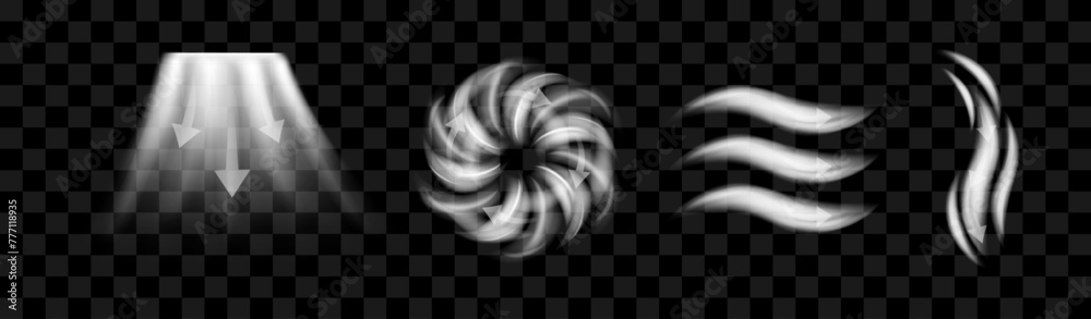 Set of air flows with arrows on a transparent background. Abstract air ...