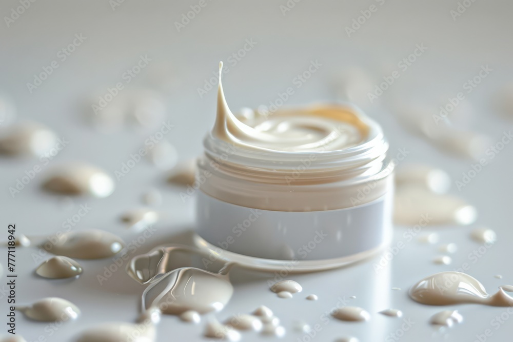 A luxurious cream spills elegantly from an open jar, symbolizing ...