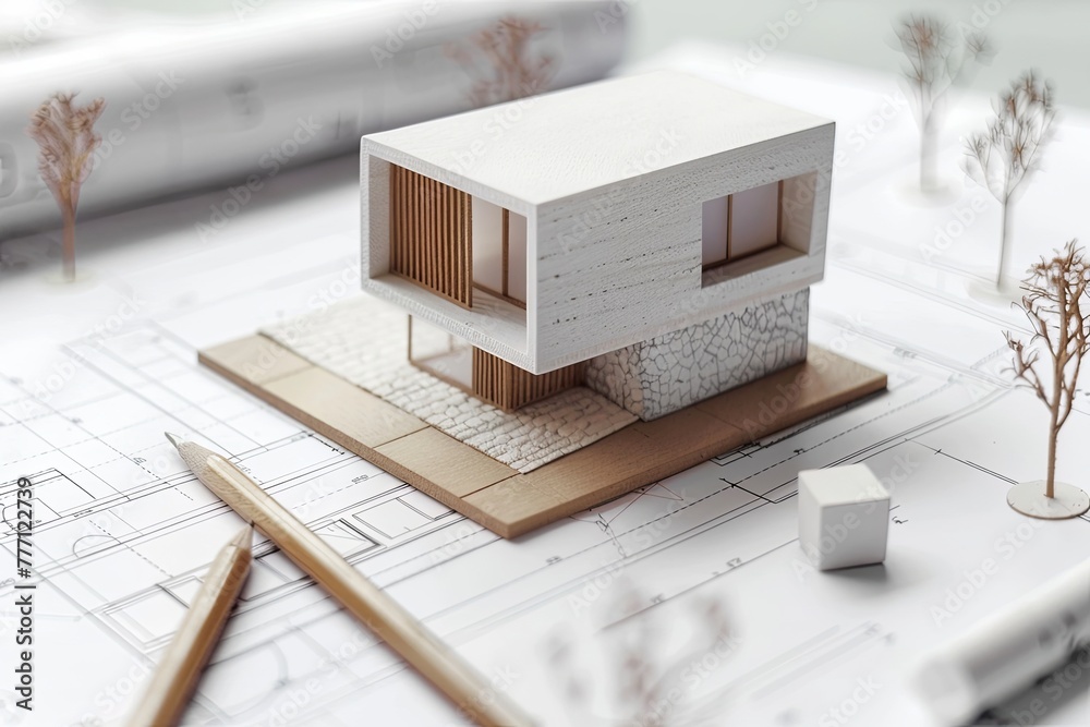 An architectural model of a modern house sits atop design blueprints ...
