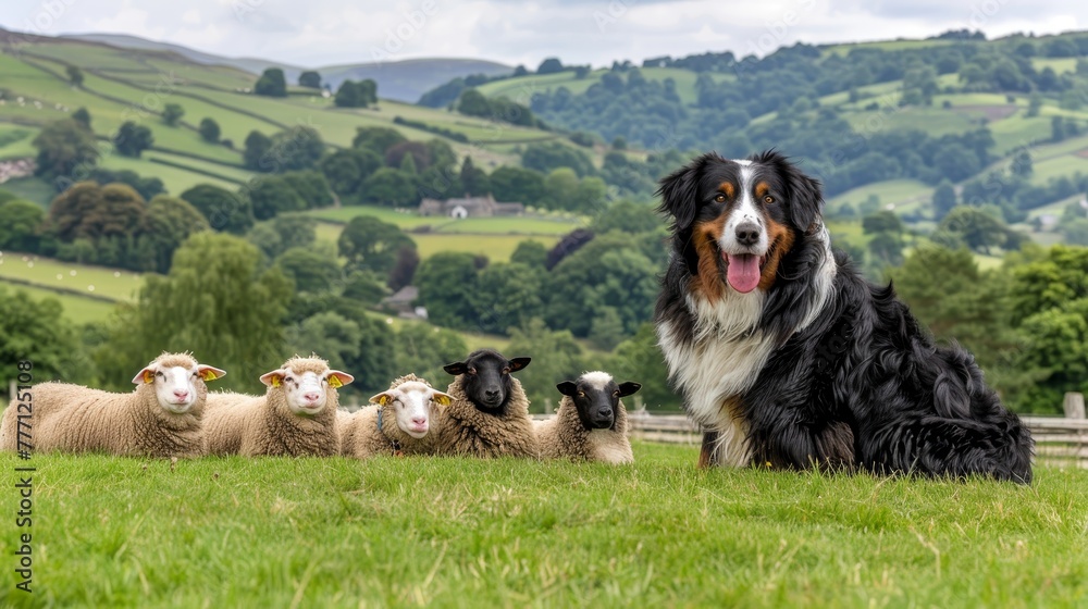Devoted farm dog diligently guarding a flock of sheep in a tranquil ...