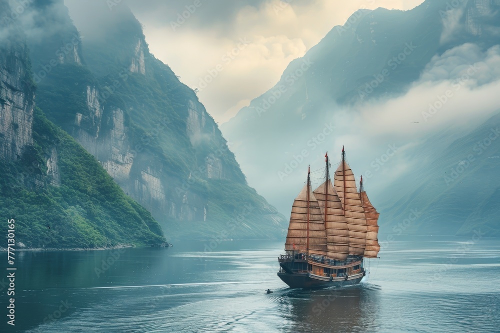 Ancient Chinese junk boat on the Yangtze River, emphasizing its elegant ...
