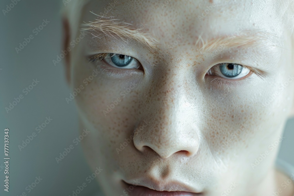 Intense close-up of a self-assured albino Asian man with transparent blue eyes, showcasing his ...